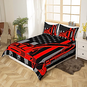 Feelyou American Flag Excavator Duvet Cover Cartoon Excavator Comforter Cover Red Construction Site Car Bedding Set for Kids US Flag Vehicle Truck Cars Bedspread Cover Twin Size Zipper (No Comforter)