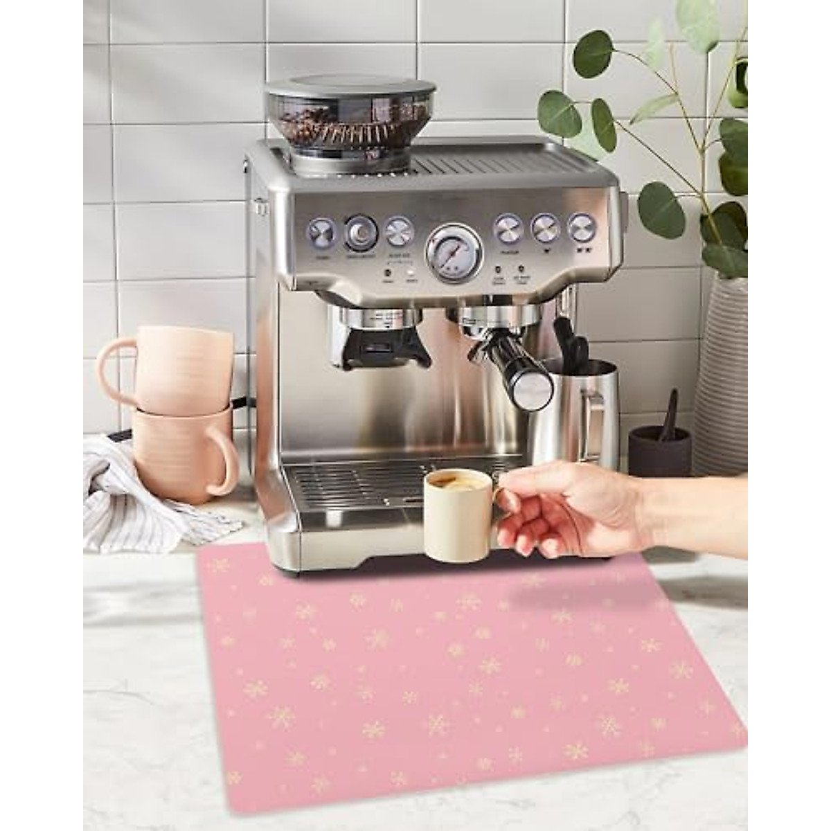 Coffee Mat for Counter, Christmas Gold Snowflake Pink Absorbent Hide Stain Coffee Bar Mat, Non-slip Coffee Bar Accessories Kitchen Drying Mat Fit Under Coffee Maker Espresso Machine
