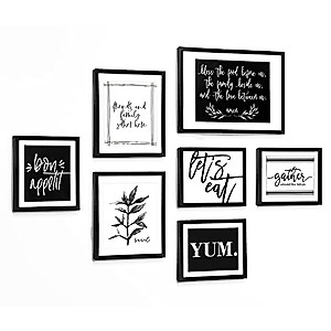 ArtbyHannah Black and White Dining Room Wall Art Decor Set of 7 with Gallery Wall Frames and Decorative Art Prints for Kitchen Wall Decoration, Multi-Size 12x16, 9.5x12, 8x9.5