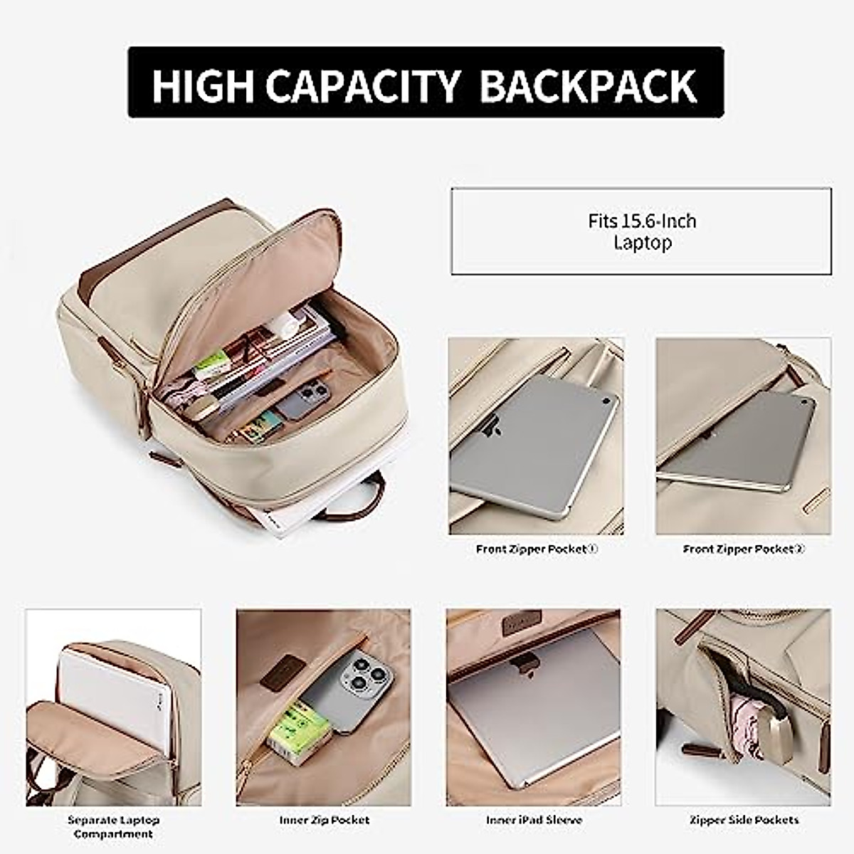 GOLF QUALITY Laptop Backpack for Women Casual Daypack Travel Work Computer Bookbag Fits 15.6 Inch Notebook (Apricot)