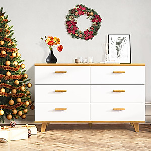 Vibe & Dine 6 Drawer Dresser, White Wooden Dresser for Bedroom, Wide Chest of Drawers with Solid Wood Handles and Legs for Living Room