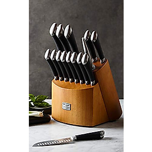 Chicago Cutlery Fusion 17 Piece Kitchen Knife Set with Wooden Storage Block, Cushion-Grip Handles with Stainless Steel Blades that Resists Stains, Rust, and Pitting