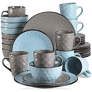 vancasso Gem Embossed Dinnerware Set for 8, Blue and Grey Dinner Service with Brown Rim, 32-Piece Dinner Set with 10.6in Dinner Plate, 7.8in Dessert Plate, 6in Cereal Bowl and 350ml Mug