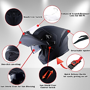 1Storm Motorcycle Modular Full Face Helmet Flip up Dual Visor Sun Shield: HB89 Matt Black; Size XL
