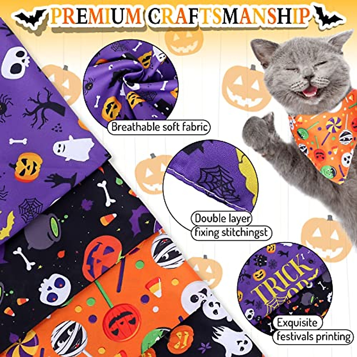 Whaline 4 Pack Halloween Pet Bandanas Pumpkin Ghost Trick or Treat Triangle Dog Bibs Purple Orange Black Dog Scarf Pet Neckerchief for Small Medium Large Pet Cat Dog Costume Accessories