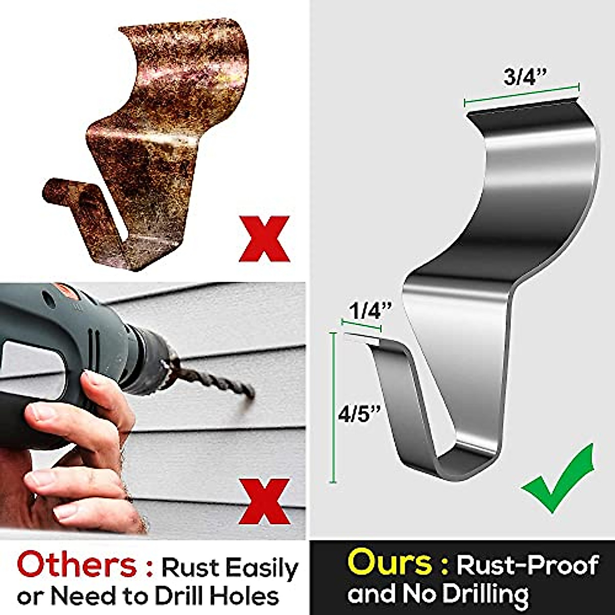 Booda Brand Siding Hooks (50 Pack), Heavy Duty Stainless Steel Vinyl Siding Hangers, Low Profile No Hole Siding Clips for Hanging Lights Wreath Decorations Outdoor