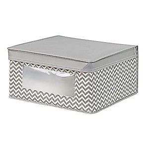 mDesign Medium Fabric Stackable Closet Storage Organizer Box, Front Window/Lid - Bedroom, Office, Mudroom Organization, Hold Clothes, Blankets, Linens, Spira Collection, 4 Pack, Taupe/Natural Chevron
