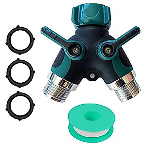 2 Way Hose Splitter for Garden - Super Durable, Rust Resistant Metal Body, Dual Valve Outdoor Spigot - Modern Water Hose Splitter - Y-Shaped Garden Hose Connector