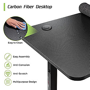 Eureka Ergonomic 60'' Gaming Desk, T-Shaped Carbon Fiber Surface Computer Desk with Free Mouse Pad,Large PC Gamer Desk Gaming Table with USB Handle Rack Cup Holder Headphone Hook,Black