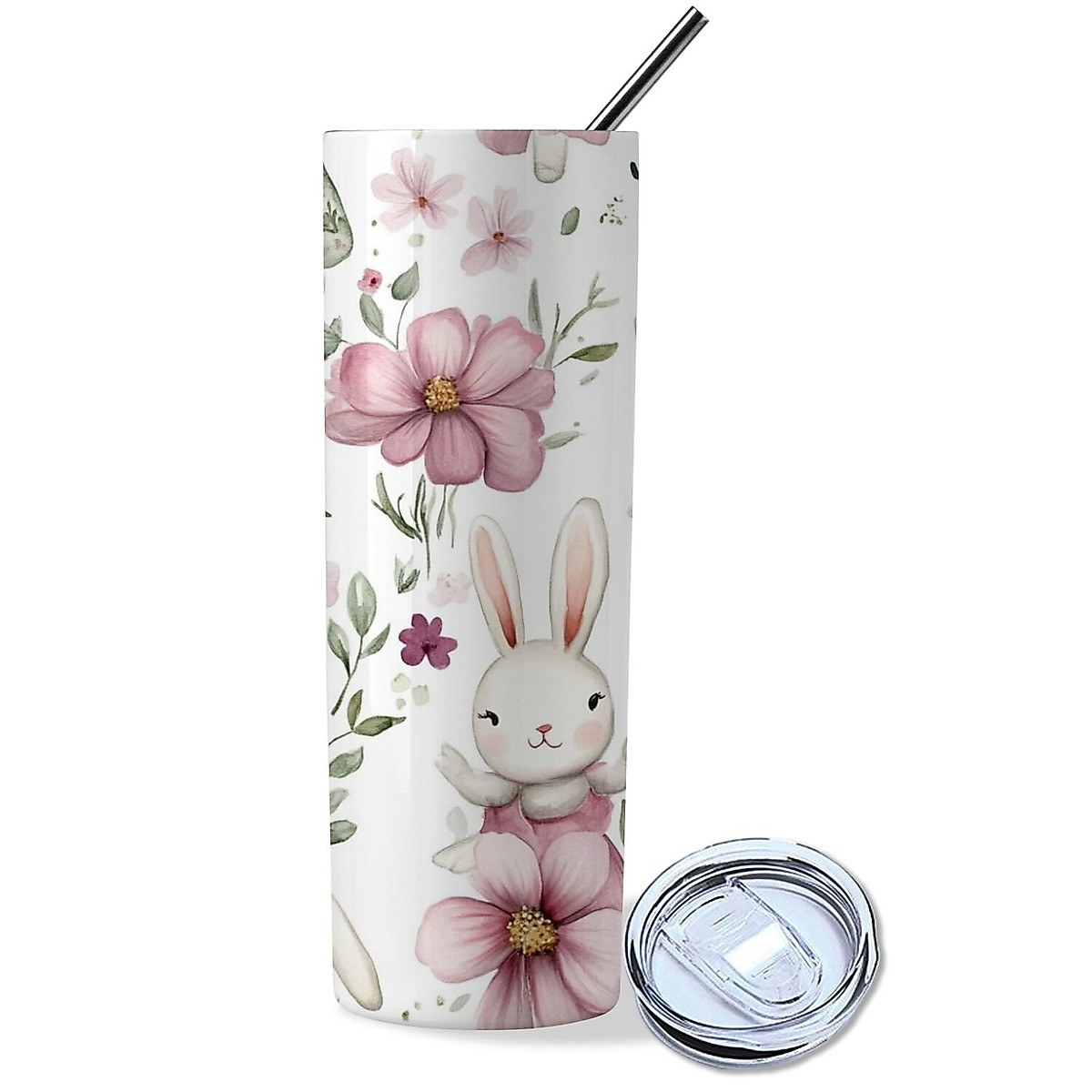 Tumbler with Lid and Straw Miss Rabbit and Flowers thermos coffee travel mugcute cups 20 oz insulated tumbler for Daily Holiday Decor Gift coffee cup