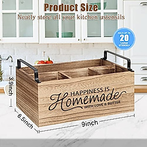Wood Utensil Holder, Flatware Utensil Caddy with 2 Handles and 4 Compartments,Rustic Utensil Organizer and Silverware Holder for Picnic,Party ,Restaurant,Countertop,Farmhouse Kitchen Decor