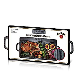 Jim Beam Skillet Pre Seasoned Heavy Duty Construction Double Sided Cast Iron Griddle Pan with Superior Heat Retention, 20"x1"x9", Large, Black,BBQ168