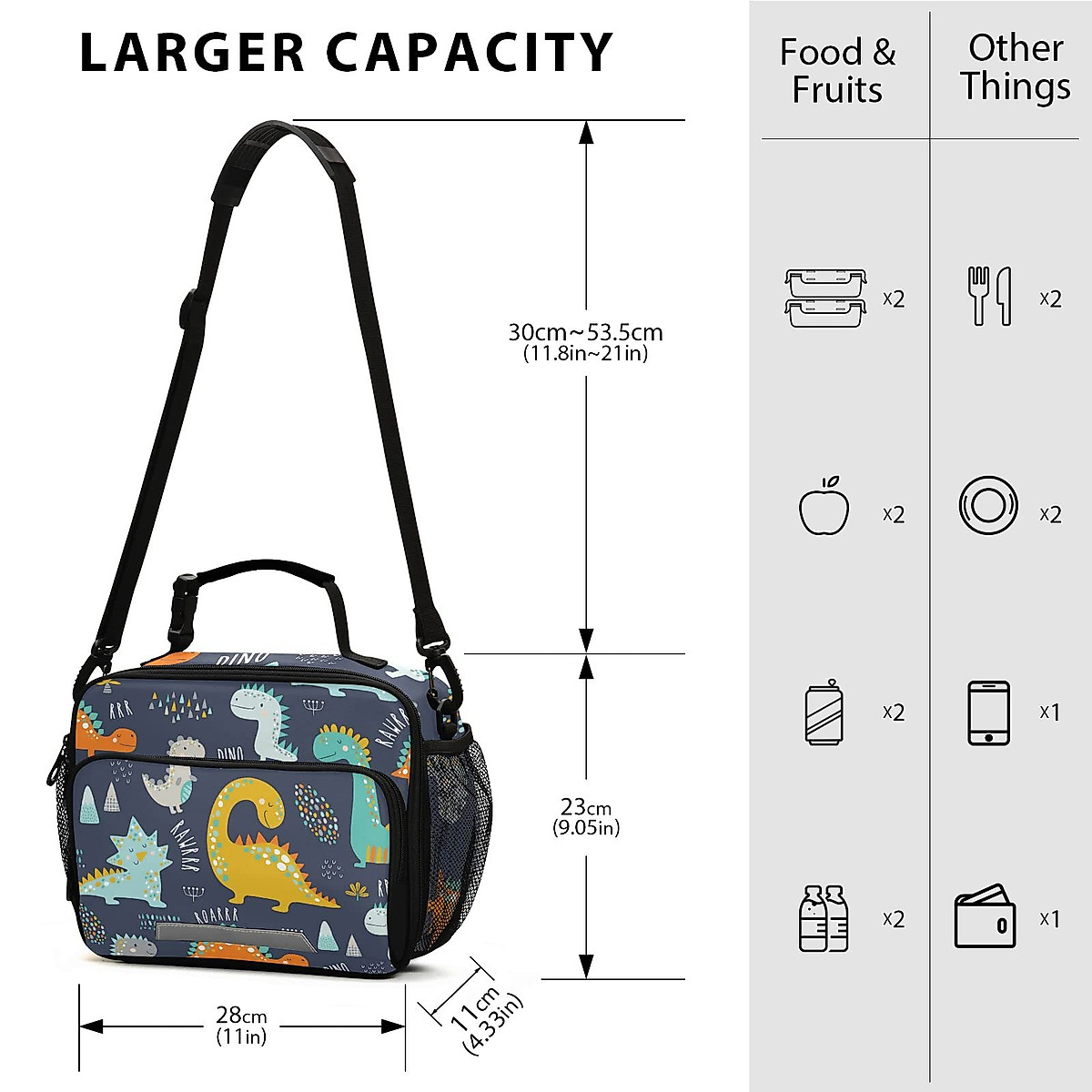Naanle Cute Funny Dinosaur Lunch Bag with Adjustable Shoulder Strap Insulated Leakproof Tote Bag Picnic Box Double Zippers Wide Open Lunch Container Bag for Office Work School Home