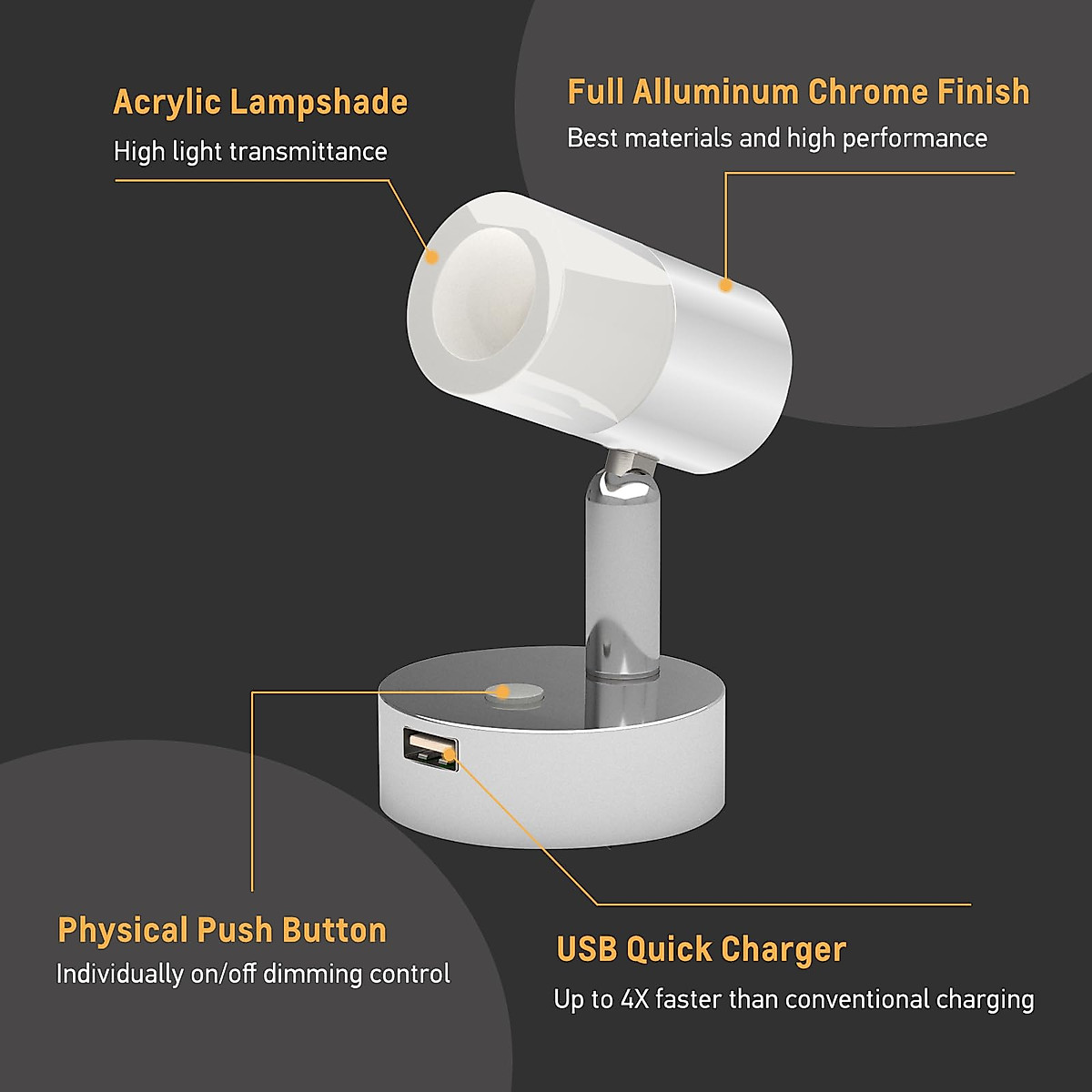 acegoo 12V LED Reading Light, RV Bedside Swivel Wall Lamp with Quick USB Charger, Frosted Acrylic Lampshade & Push Dimmer Switch, Chrome Finish,DC 12-24V Hard-Wired