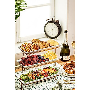 Large 3 Tier Serving Stand Tiered Serving Trays Collapsible Sturdier Rack with 3 Porcelain Serving Platters for Fruit Dessert Presentation Party Display Set, 14 Inch