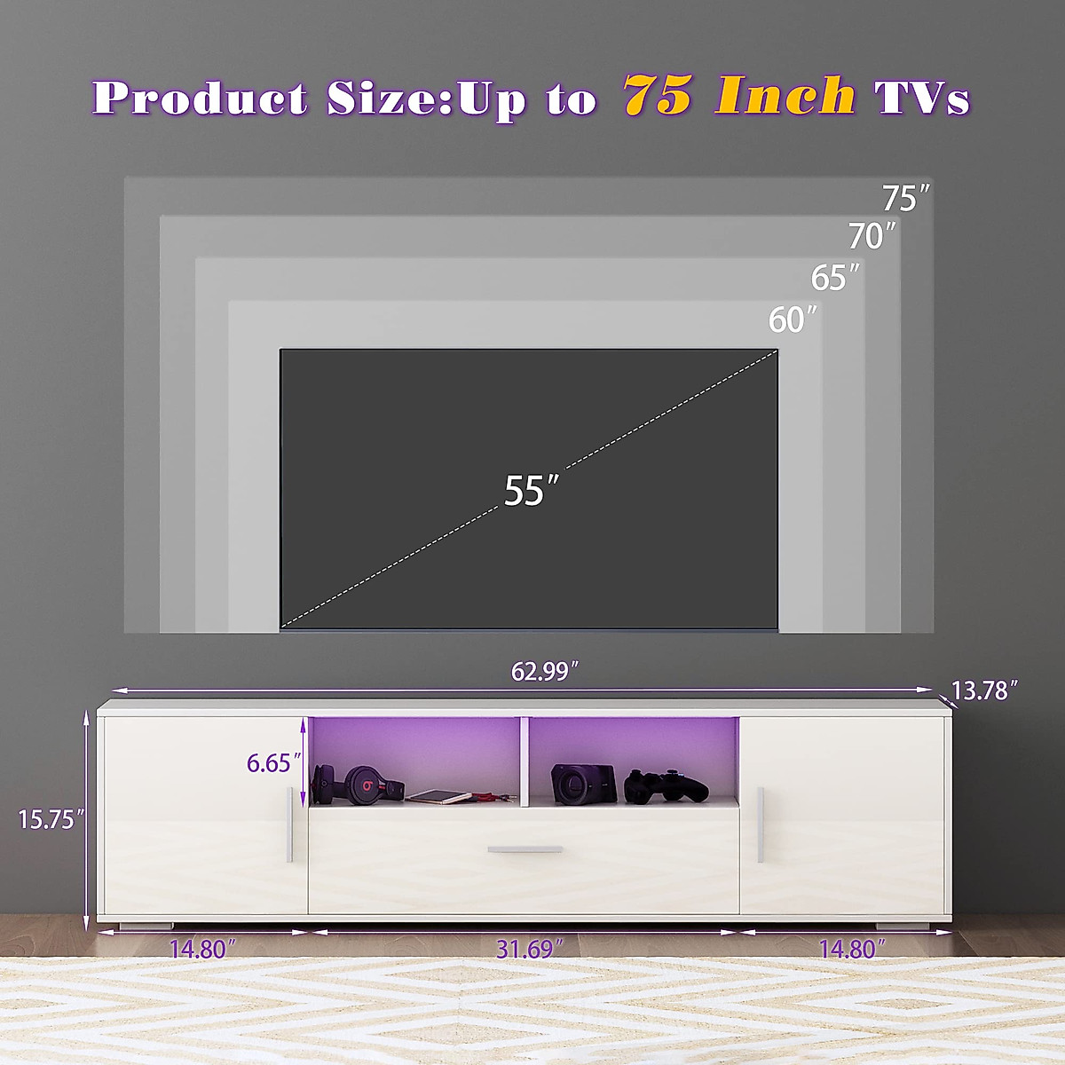 SOLBAKUILT High Gloss White TV Stand for 50/55/60/65/70/75+ Inch TV, LED Entertainment Center, Modern TV Console with Storage Drawers for Bedroom & Living Room