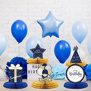 DECORLIFE 9PCS Blue Gold Birthday Table Decorations, Happy Birthday Honeycomb Centerpieces for Kids Men and Women Birthday Party Supplies