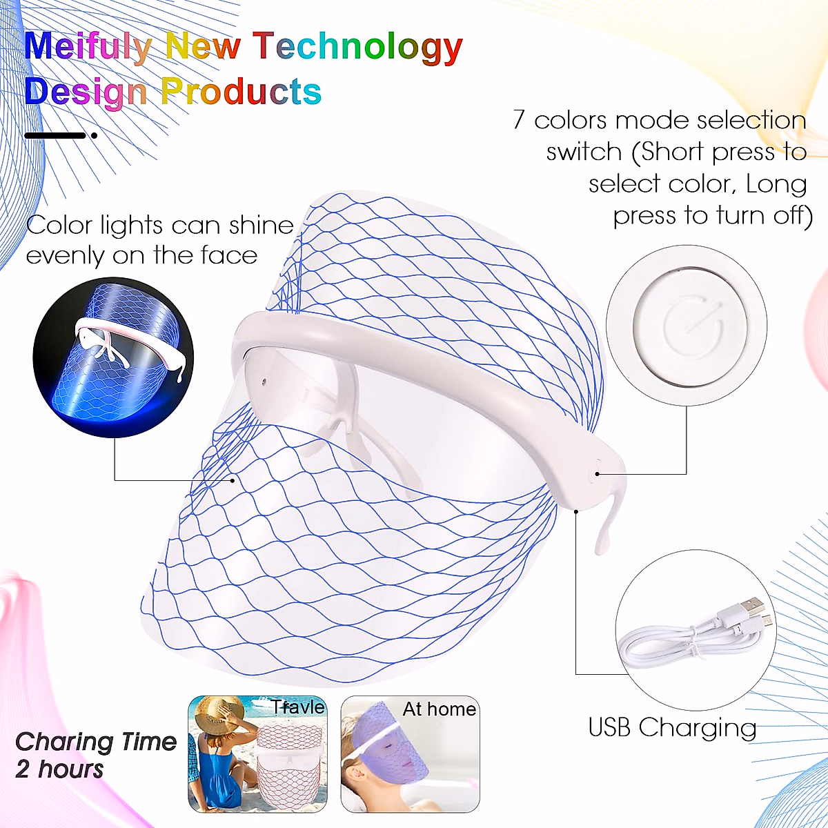 Meifuly 7 Colors L ED Light Therapy Face Mask, Lightweight, Portable