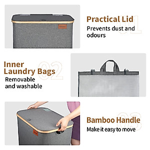 BESHOOME Grey Laundry Hamper with Lid, 140L Extra Large Laundry Basket, 2 Section Laundry Hamper, Laundry Hamper with Handle and Removable Bags, Double Laundry Hamper, Foldable Dirty Clothes Hamper