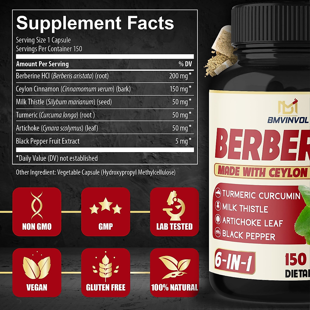 2 Pack Berberine HCl- Plus Ceylon Cinnamon, Turmeric, Milk Thistle, Artichoke, Black Pepper, Berberine HCI Root Supplements Pills - Immune System