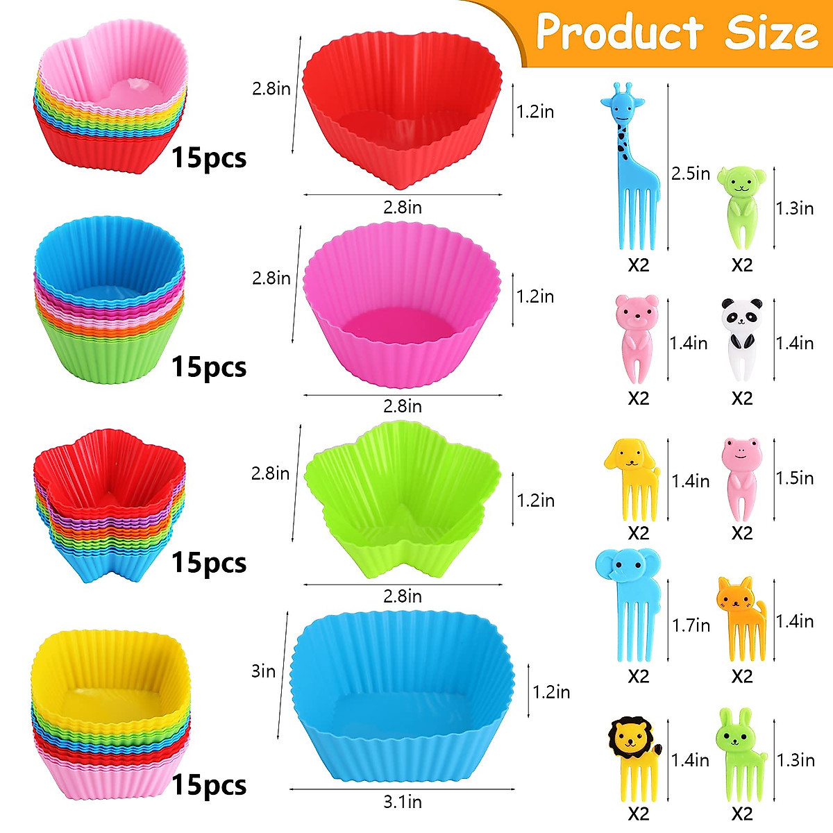 Piklodo 80Pcs Slicone Lunch Box Dividers, 60Pcs Silicone Dividers and 20Pcs Fruit Food Picks, Reusable Lunch Box Divider Inserts Multicolor Silicone Cupcake Liners Lunch Accessories