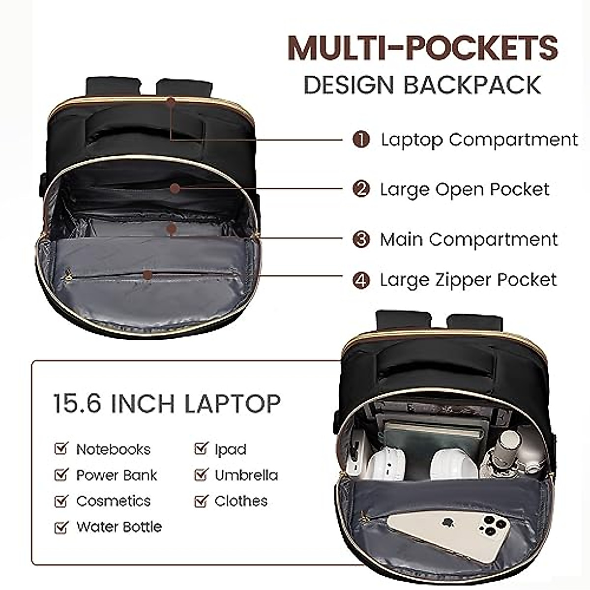 LOVEVOOK Laptop Backpack for Women, College Travel Copmputer Backpack, 17.3 Inch Work Backpacks with USB Port,Waterproof Back Pack with Laptop Compartment for Teacher Nurse,Black-White-Brown