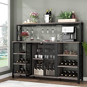 Gyfimoie Wine Bar Cabinet, 55 Inches Industry Coffee Bar Cabinet with Wine Rack and Glass Holder, Kitchen Sideboard Buffet Cabinet with Wine Rack Storage for Liquor and Glasses (Rustic Grey)