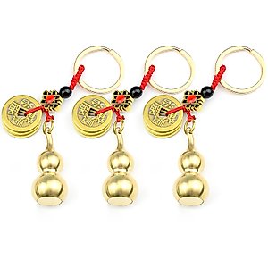 3PCS Chinese Gourd Brass Wu Lou Keychains, Gold Feng Shui Coins for Good Luck Fortune Longevity Success, Detachable Calabash Decorations Pendant Key Rings to Stuff Bless Prayer Note (Bottom Open)