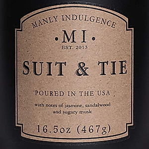 Manly Indulgence Suit & Tie Scented Jar Candle, Cotton Wick, Premium Soy Blend White Wax, 60 hr Burn, Matte Black Jar Candle for Home and Men, 16.5 oz - USA Poured