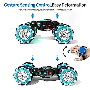 Deejoy RC Stunt Car, 2.4GHz 4WD Remote Control Gesture Sensor Toy Cars, Double Sided Rotating Off Road Vehicle 360° Flips with Lights Music, for Boys & Girls Birthday