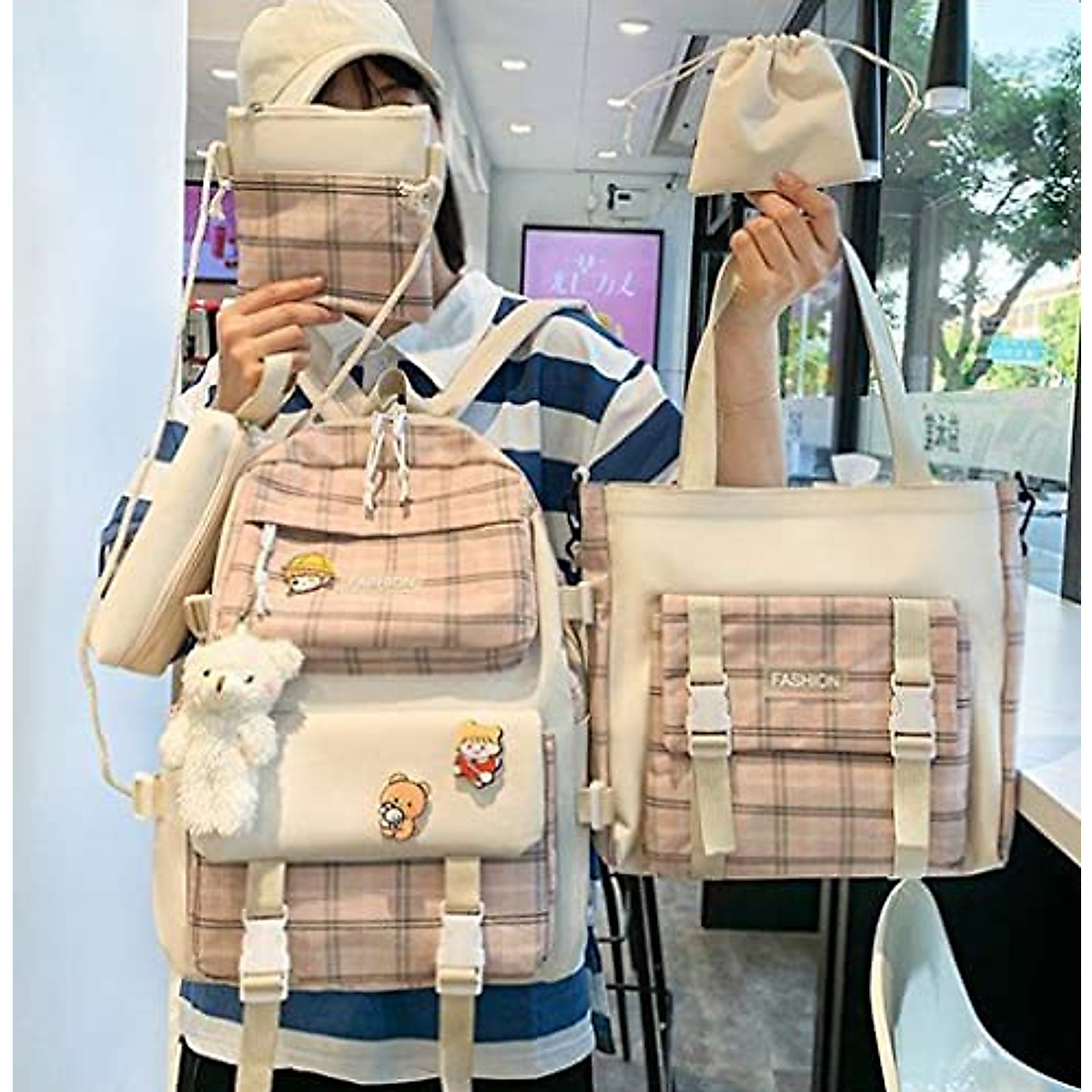 Homruis 5pcs Cute Backpack Kawaii Backpack Big Capacity School Backpack Handbag Messenger Bag with Pendant Bear for Girls