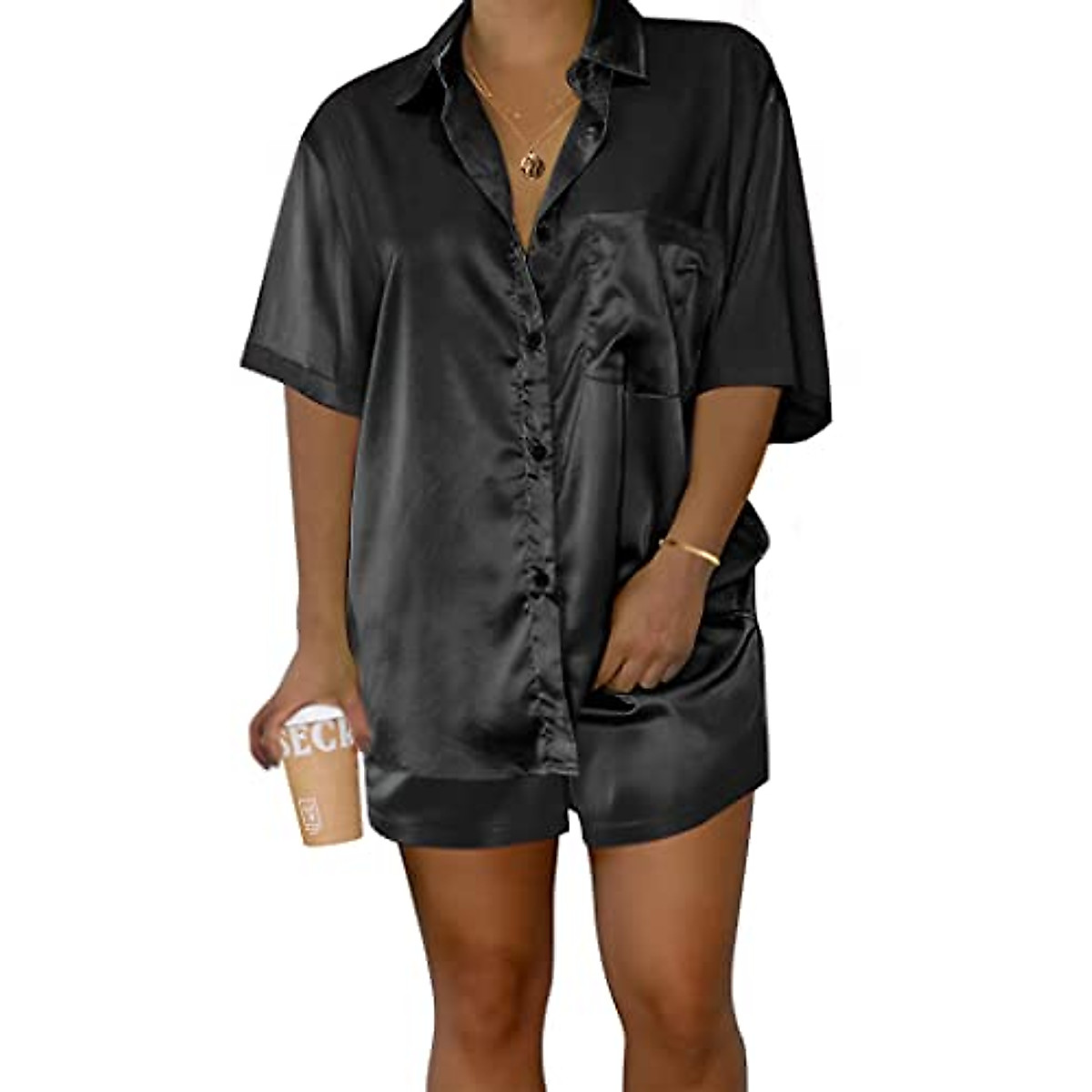 Ekouaer Satin Pajamas for Women Soft Short Sleeve Nightwear Button Down Pjs with Shorts Summer Silk 2 Piece Set Black,Medium