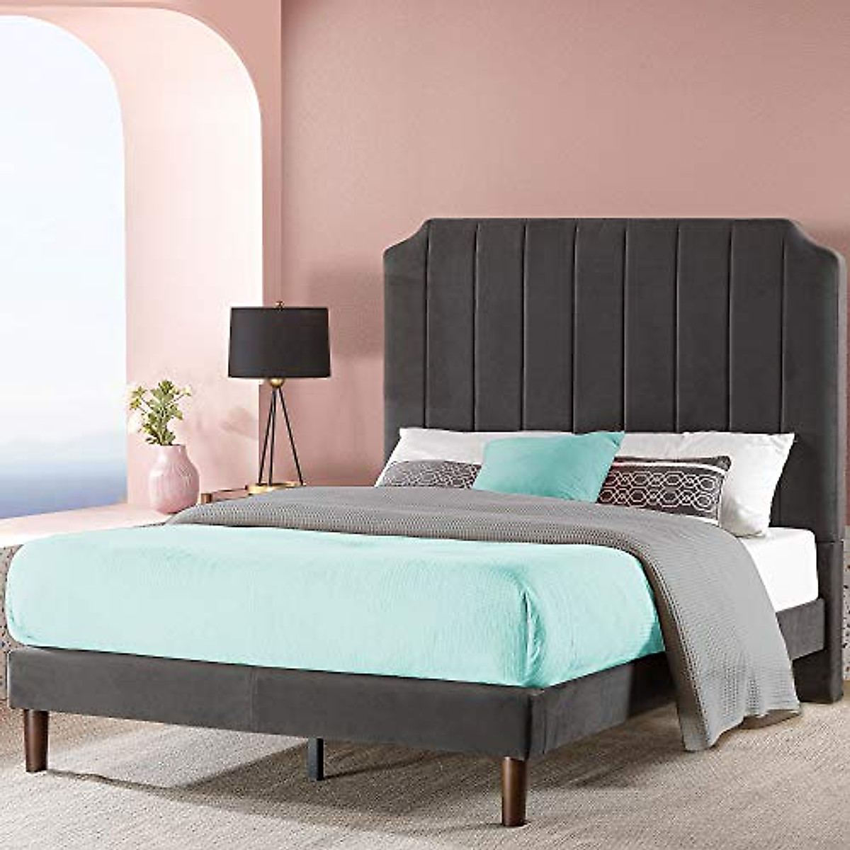 ZINUS Charlotte Upholstered Platform Bed Frame, Mattress Foundation, Wood Slat Support, No Box Spring Needed, Easy Assembly, Queen