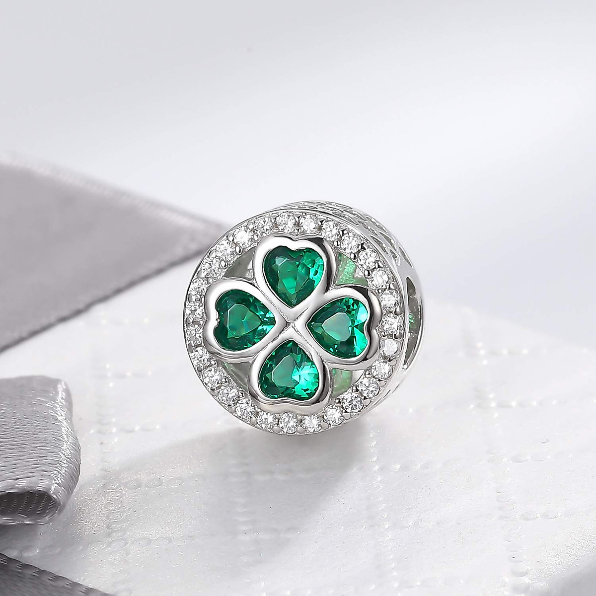 925 Sterling Silver Four Leaf Clover Charm fit Pandora 3mm Snake Chain Bracelet & Necklace - Green Lucky Shamrock Crystal Charm St Patricks Day Gift Jewelry Accessories for Women