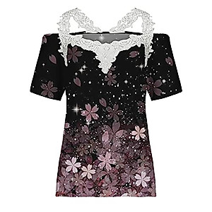 KSODFNXH Sleeveless Blouses for Women Summer Lace Patchwork Off-The-Shoulder Shirts Comfy Fashion V-Neck Short Sleeve