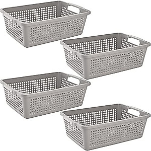 Hedume 4 Pack Plastic Storage Baskets with Handle, 15”x9.8”x4.7” Pantry Storage Bins, Closet Baskets, Large Organization Basket for Nursery, School, Office