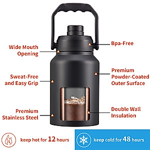 CIVAGO Gallon Insulated Water Bottle Jug, 128 oz Stainless Steel Sports Canteen, Large Metal Thermal Growler Mug with Carrier Bag and Handle, Black