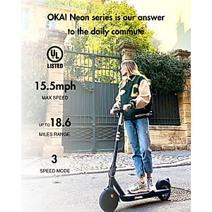 OKAI Neon Lite Electric Scooter Up to 15.5 MPH 18.6 Mile Range E-Scooter for Adults Lightweight Commuter Scooter Ambient Light Black Certification Standards