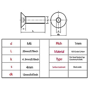 L-A M6-1.0x20mm 10.9 Carbon Steel Countersunk Head Hex Socket Screw Flat Countersunk Hex Socket Bolts Screws （25 Pcs）