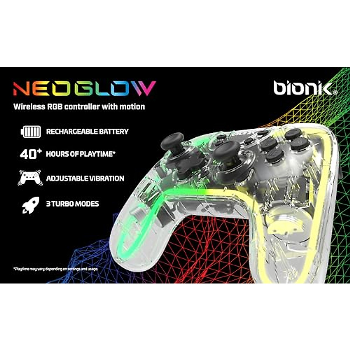 Bionik Neo Glow Nintendo Switch Wireless Controller: RGB Game Controller with Motion, 900 mAh Rechargeable Battery, Turbo Mode/Gyroscope/Transparent Shell/PC/Android