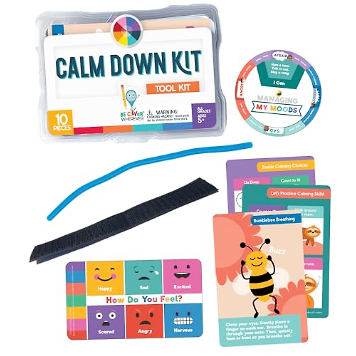 Carson Dellosa Be Clever Wherever 10-Piece Classroom Calm Down Tool Kit for Anxiety Relief, Calm Down Corner Supplies, Emotional Regulation Tools for Kids With Fidget Toys, Mindfulness Cards