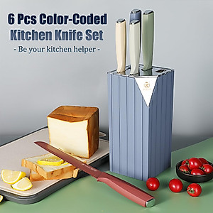 Knife Set, 6 Pcs Color-Coded Kitchen Knife Set with Block, 5 Color Anti-Rust Coating Stainless Steel Chef Knife Set, Super Sharp Kitchen Knives with Stand, Cooking Knives for Kitchen with Gift Box