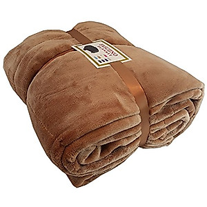 FASCIINO Super Soft Plush Velour Mink Borrego Blanket Throw Queen or Full Size Bed (Camel Brown)