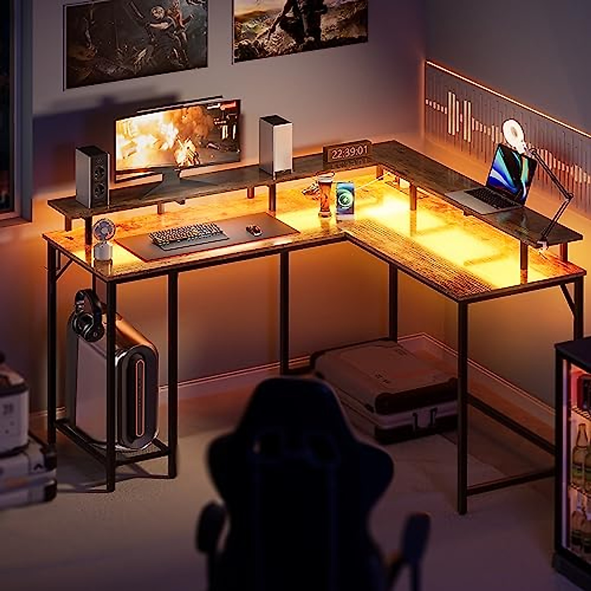 SUPERJARE L Shaped Computer Desk with Power Outlets & LED Lights, Gaming Desk with Monitor Stand & Storage Shelf, Home Office Desk Corner Desk with Hooks, Rustic Brown