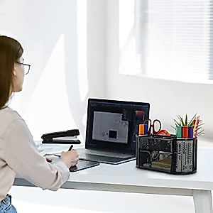 Neudeco Desk Organizers Mesh Desktop Office Supplies Multi-functional Caddy Pen Holder Stationery with 8 Compartments and 1 Drawer + Stapler with 1000 Staples Combo for Office Home School Black