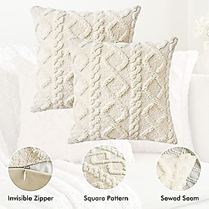 MIULEE Pack of 2 Decorative Faux Wool Throw Pillow Covers Soft Plush Fuzzy Short Fleece Square Patterned Cushion Cases Solid Pillowcases Couch for Bed Sofa Living Room 18 X 18 Inch Beige