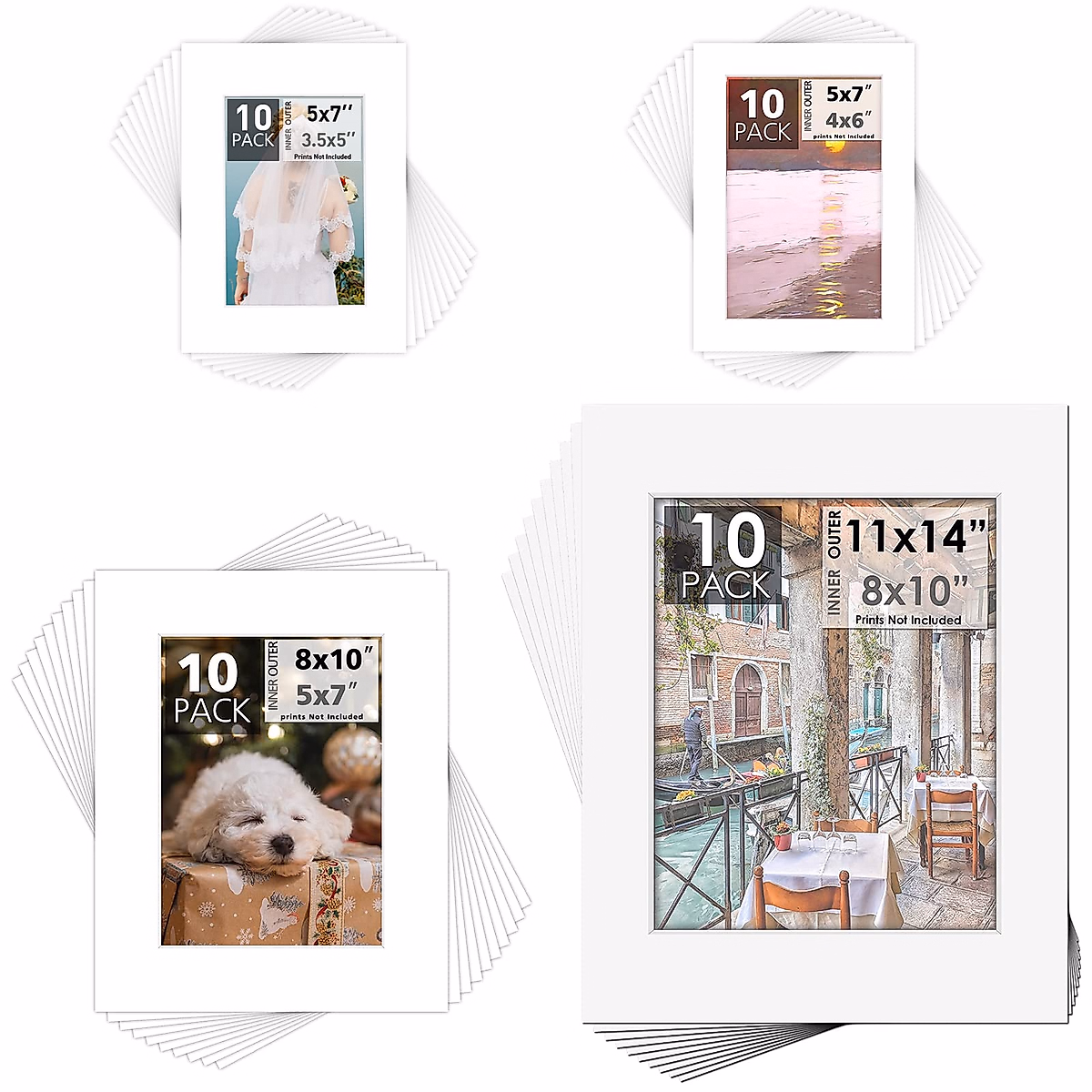 Mat Board Center, 40 Pack White 5x7/8x10/11x14 Picture Mats with White Core Bevel Cut