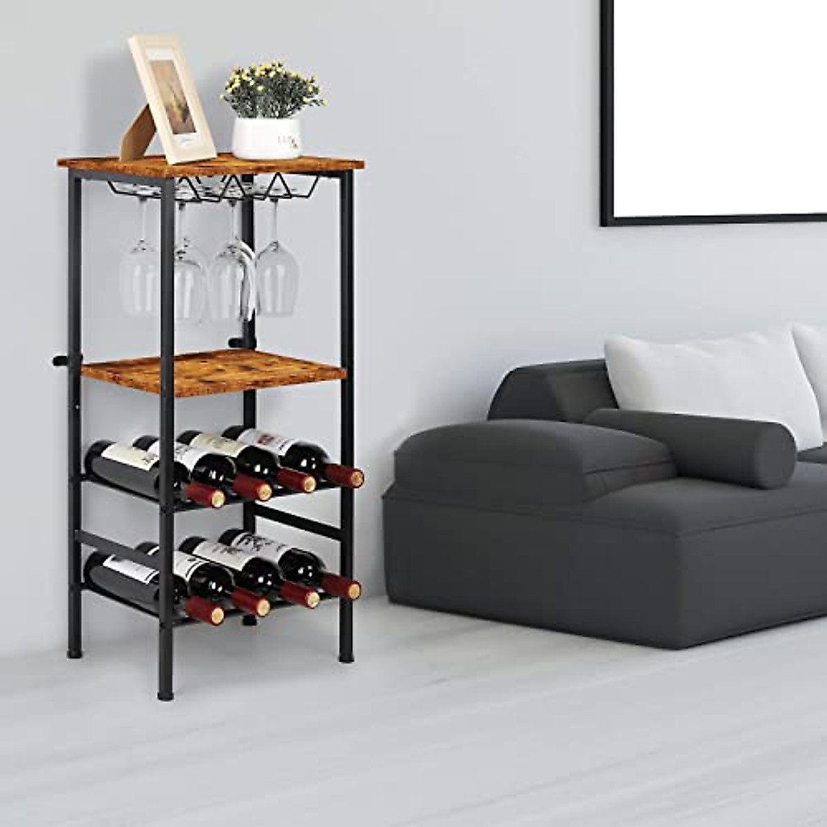 Wine Rack Freestanding Floor, Wine Rack Table Wine Bar Cabinet with Glass Holder Wine Rack with Storage Shelves Wine Rack Shelf Stand Wine Display Rack Hold 8 Bottle and 9 Glasses, Industrial Brown