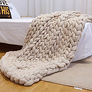 EASTSURE Chunky Knit Blanket Bulky Throw Merino Wool Hand Made Bed Sofa Throw Super Large,Beige,40"x40"