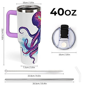 LLUTSNTH 40 Oz Vacuum Tumbler with Violet Handle Leakproof Insulated Tumbler Colorful Octopus Stainless Steel Travel Mug with Lid And Straw Coffee Cup Cute Water Bottles Cup Holder Friendly